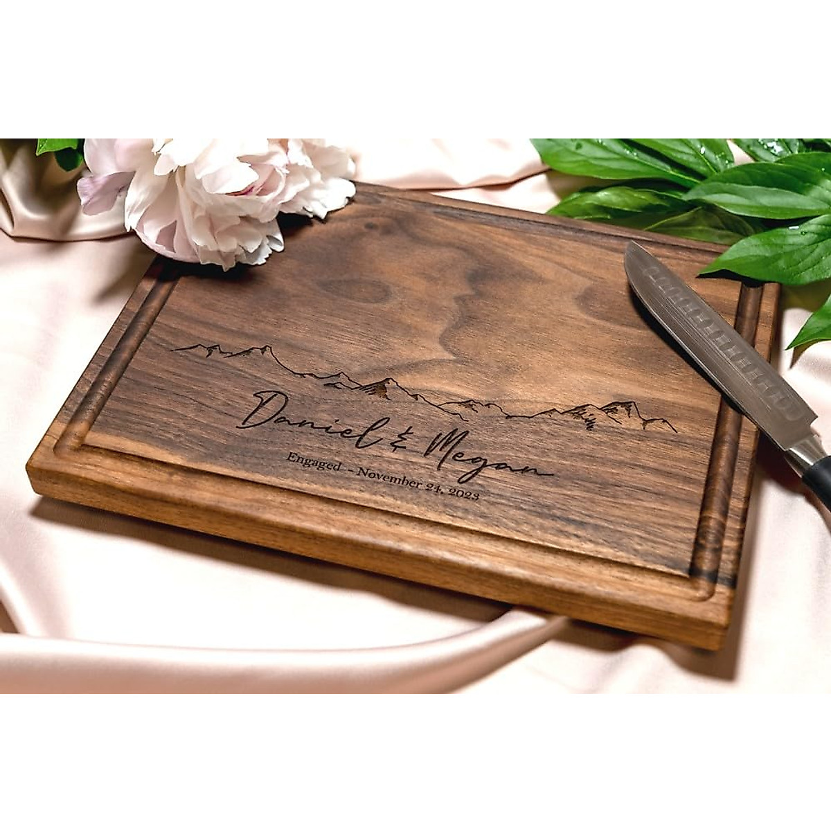 Personalized Cutting Board, Custom Wedding, Anniversary or Housewarming Gift Idea, Wood Engraved Charcuterie, for Couples and Friends, Minimalist Mountain Design 103