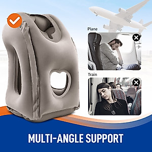 KINSCO Inflatable Travel Pillow，Airplane Neck Pillow for Airplane, Train, car Backseat, Office Lunch Break, Provides You a Comfortable Sleeping Environment. Portable Drawstring Bag (Gray)