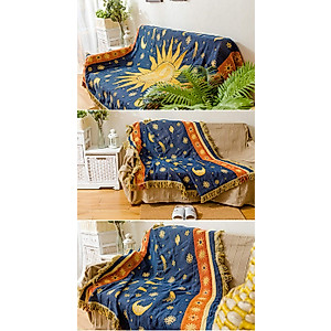 Erke Moon and Sun Throw Blanket Celestial Chair Recliner Cover Bed Spread Hippie Room Decor, Double Sided Cotton Woven Sofa Couch Furniture Aesthetic Throws - 50" X 70", Yellow/Blue