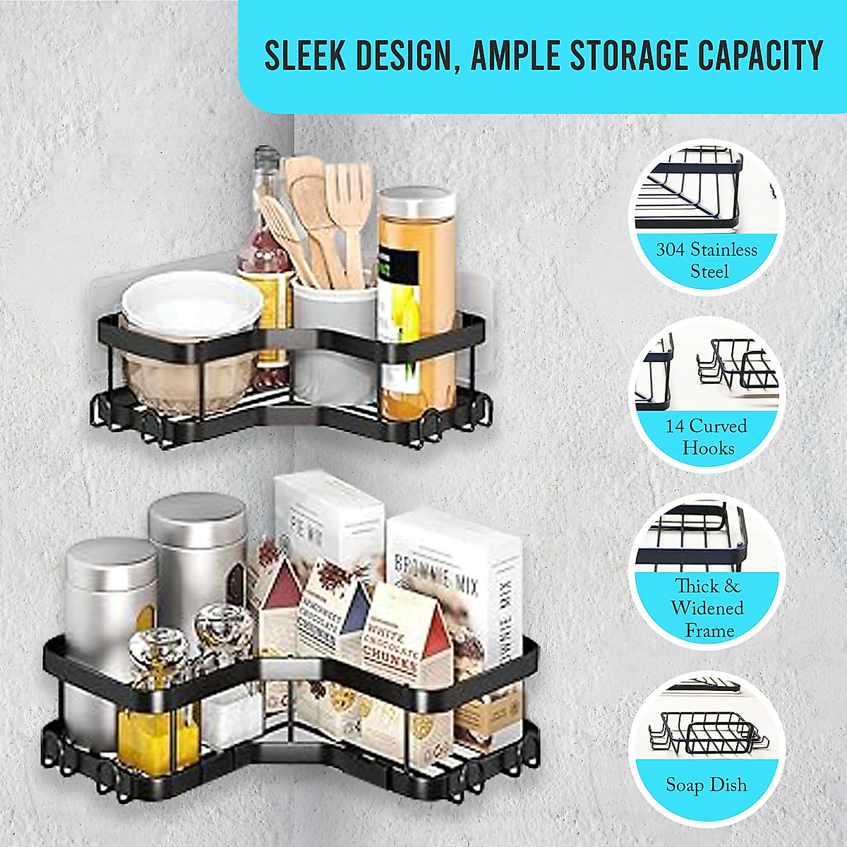 Modern Corner Caddy Stainless Steel Shelf for Shower, Adhesive Backing, 𝟵𝟬 𝗗egree Corner Shower Organizer Set with Soap Holder & Adjustable Hooks, Storage Shelves for Clutter-Free Washroom- Black