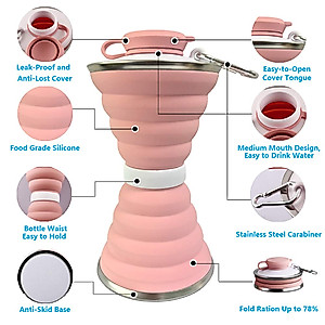 Collapsible Portable Sports Water Bottle, Camping Cup With Carabiner, Reuseable, Silicone, Foldable, Leak Proof For Outdoor, Travel Gym Hiking, Cycling, BPA Free