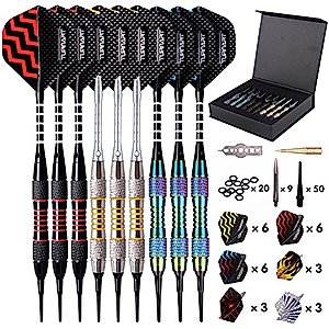 Turnart Darts Plastic Tip - Professional Soft Tip Darts Set for Electronic Dartboard 9 Pcs 18 Grams with 50 Extra Tips 9 Shafts 27 Flights Tool Kit Flight Protectors and Gift Darts Case (Color)