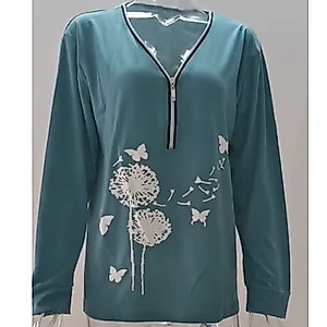 Mayntop Womens Tops Shirt Long Sleeve Big Flower Daisy Graphic Print Pattern Boho V-Neck Zipper Plus Size Loose Blouse(H Purple,M)