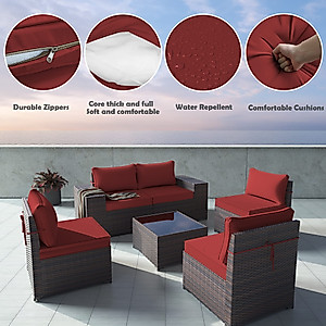 Gotland Outdoor Patio Furniture Sets 6 Piece Patio Sectional Furniture All-Weather Outdoor Patio Sofa PE Wicker Backyard Deck Couch Conversation Chair Set with Table & 5 Red Thickened Cushions