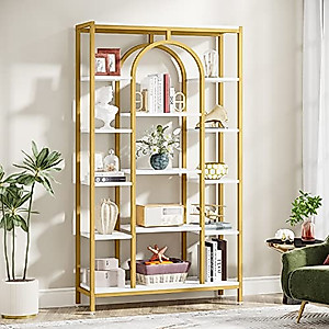 Tribesigns 5-Tier Bookshelf, Modern Tall Bookcase Book Shelf Organizer Freestanding Open Display Shelves for Bedroom Living Room Home Office, 70.8" H x 39.4" L, White/Gold