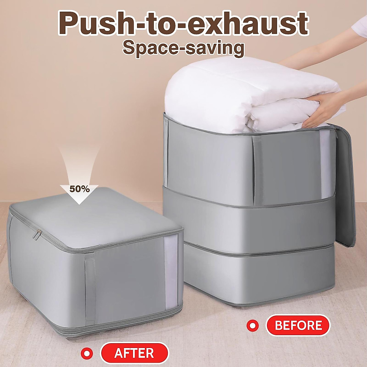 Topcci Comforter Storage Bag | Ultra Space Saving Compression Organizer for Bedding & Blankets, Clear Window, Dual Zipper, Dust & Moisture Proof, Large Capacity (GERY)