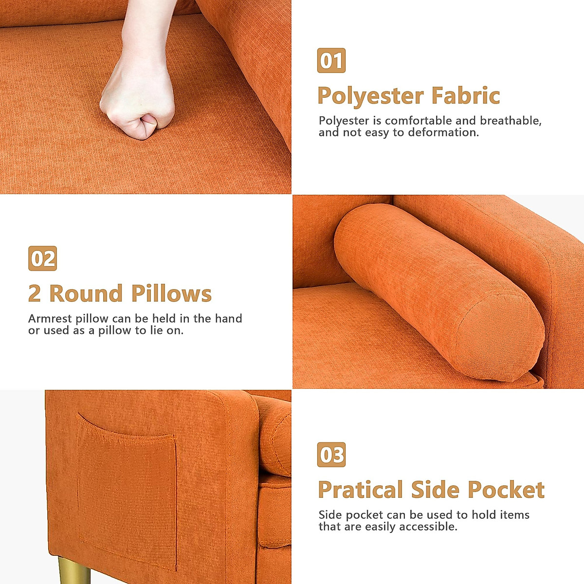 Aoowow Orange Loveseat Sofa Couch, 2 Seater Sofa Futon Lounge Sofa for Bedroom, Mid Century Modern Decor Office Love Seat Couches with Side Pockets and Round Pillows, Small Couches for Living Room