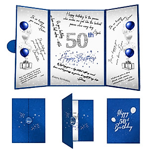 Crenics 50th Birthday Decorations for Men or Women, Creative 50th Birthday Guest Book Alternative, Blue and Silver 50 Birthday Signature Book 18 x 12 inch, Great 50th Birthday Gifts