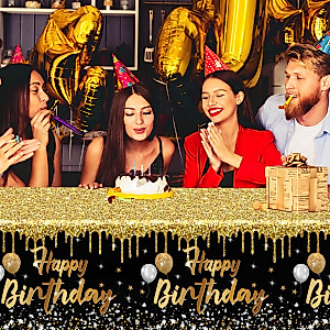 Happy Birthday Tablecloth,3pcs Black and Gold Table Cloths for Parties Glitter Birthday Decoration for Men’s 18th 21st 30th 40th 60th 70th Birthday Party Supplies