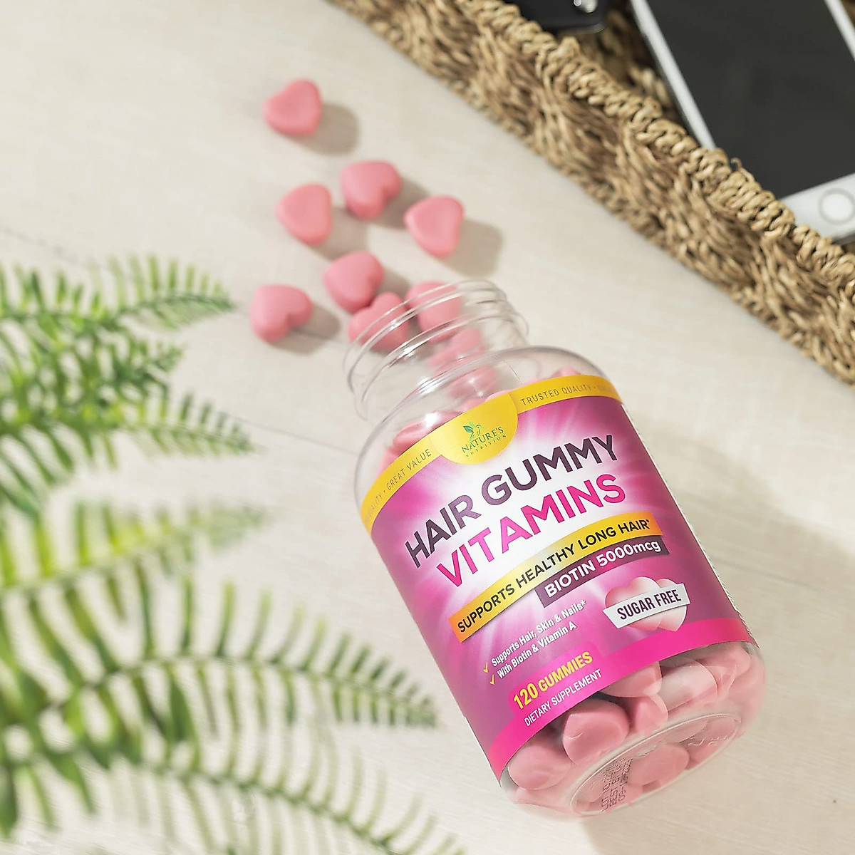 Sugar Free Hair Vitamins Gummies with Biotin 5000 mcg, Vitamin A, B12, C, D, E, Folic Acid, Supports Hair Growth Gummy, Vegetarian Friendly, Supports Strong Beautiful Hair and Nails - 120 Gummies