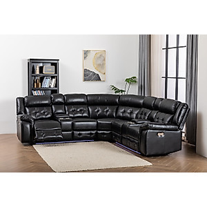 Kingway Power Recliner Chair Sectional Couches with LED Light for Living Room, Electric Faux Leather Reclining Sectional Couch Sets with Storage Console for Home, Black