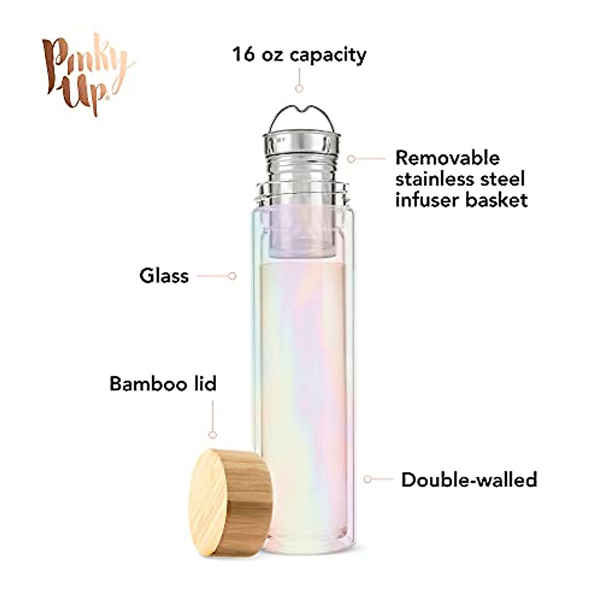 Pinky Up Blair Loose Leaf Tea Travel Infuser Mug, Double-Walled Glass and Stainless Steel with Bamboo Lid, 16 oz, Clear