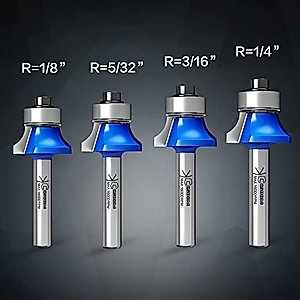 CSOOM Round Over Router Bits 4pcs, 1/4 Inch Shank, Adopt C3 Carbide.Use for Round Edges, Laminate, Particle Board, Plywood Compact Panel, and etc.