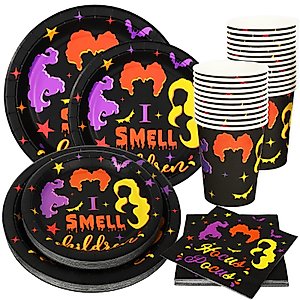 Whaline 100Pcs Halloween Tableware Set Hocus Pocus Disposable Dinnerware Set 50Pcs Paper Plates 25Pcs Napkin 25Pcs Cups for Halloween Party Witch Theme Party Supplies Table Decorations