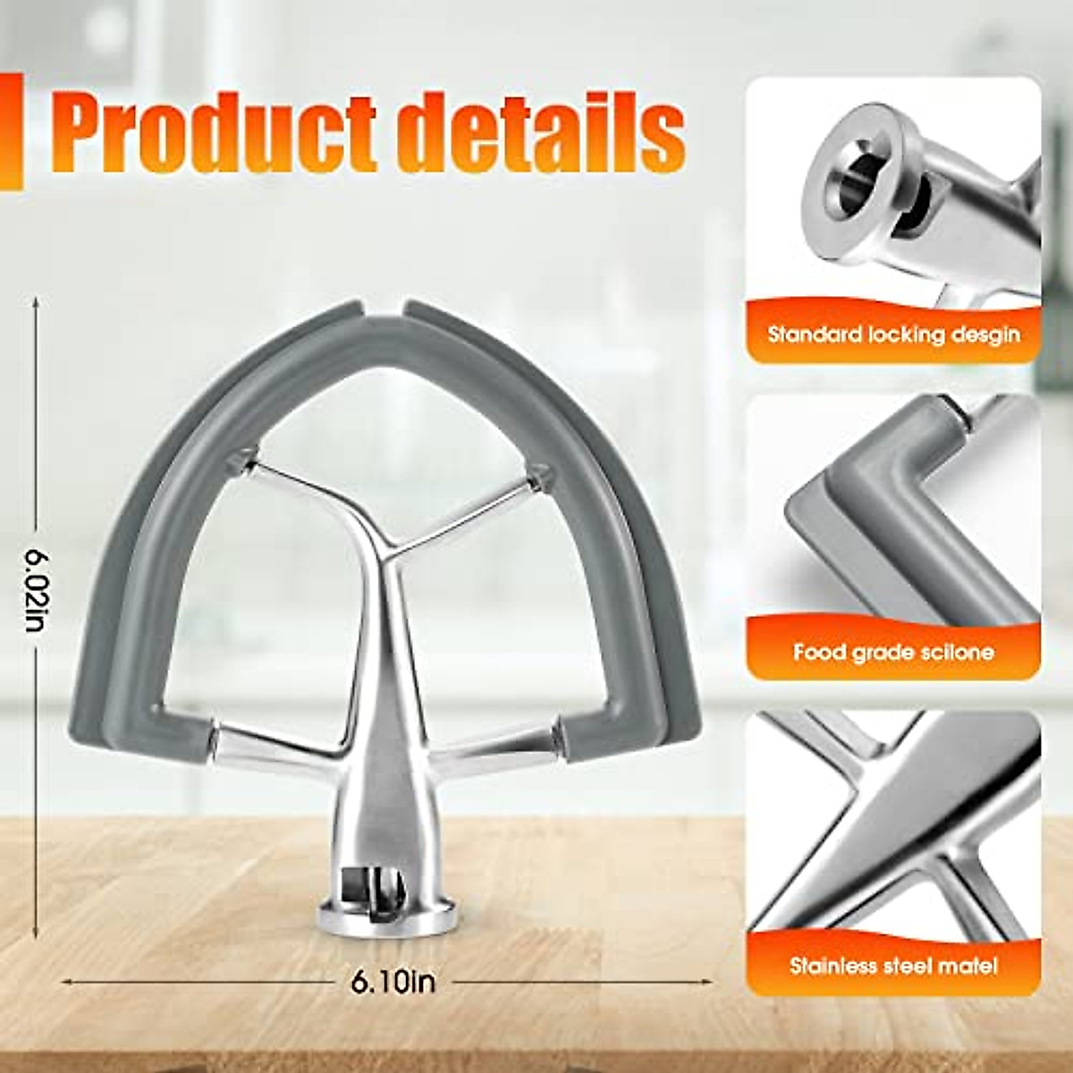 Flex Edge Beater For KitchenAid 4.5-5 Quart Tilt-Head Stand Mixer,Stainless Steel Kitchenaid Paddle Attachment with Silicone Edge Scraper,Kitchen Aid Mixer Accessory Replacement Parts