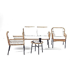 Homsido Patio Furniture Set 4 Pieces Small Boho Outdoor Rattan Woven Chairs Wicker Sofa Garden Conversation Balcony Bistro Sets for Yard,Pool or Backyard,Front Porch(Beige Wicker White Cushions)