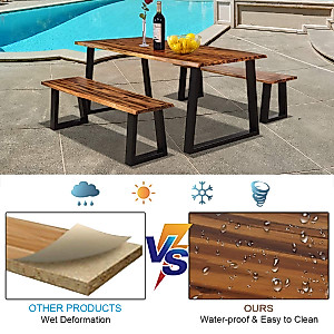 Giantex 3PCS Wooden Dining Set Bench Chair Rustic Indoor &Outdoor Furniture (Rustic Brown&Black)