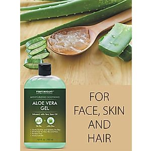 First Botany, Aloe Vera Gel from 100 Percent Pure Aloe Infused with Tea Tree Oil - Natural Raw Moisturizer for Hand Sanitizing Gel, Skin Care, Hair Care, Sunburn, Acne & Eczema -16.9 fl oz | 500 ml