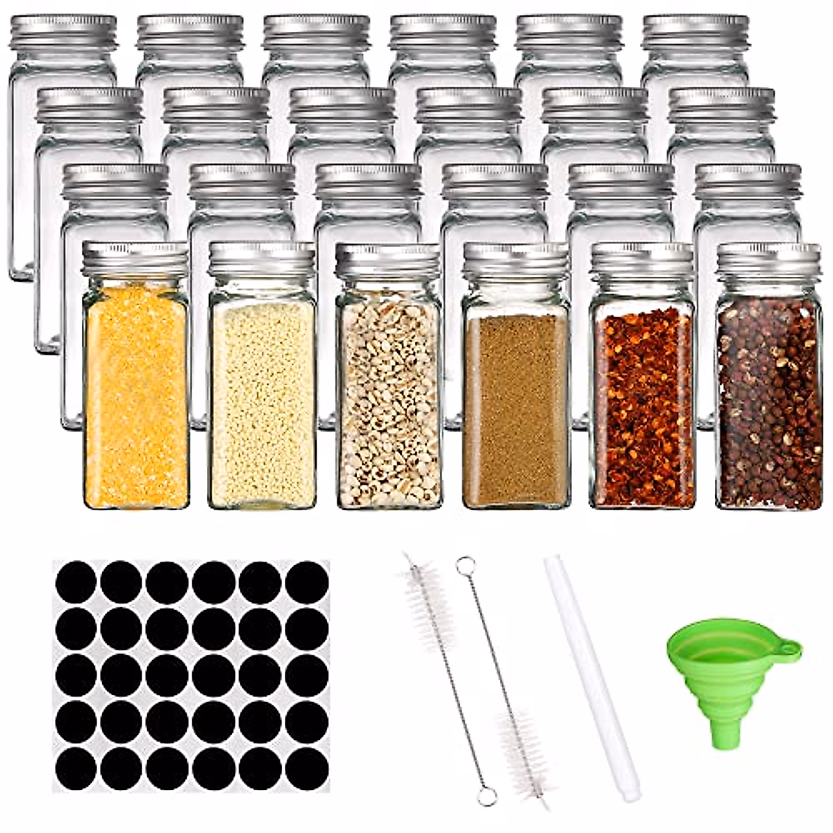 30 Pack 6oz Glass Spice Jars Bottles, Empty Square Containers with Silver Airtight Metal Caps and Pour/Sift Shaker Lid - 30 Black Labels,1 Chalk Marker,1 Silicone Collapsible Funnel,2 Brush Included
