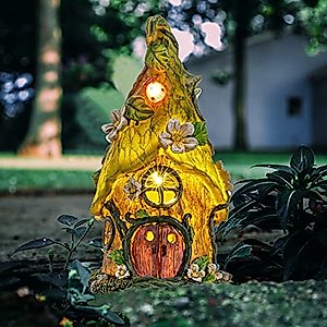 AIINY Garden Decor for Outside,Large Fairy Outdoor Statues Solar Gnome Figurine Lights,11Inch Flower Resin Decorations,Green Tree House Sculptures Lawn Ornaments for Patio Yard Accessories