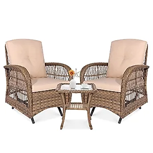VIVIJASON 3-Piece Outdoor Patio Furniture Set, Outdoor Wicker Glider Rocking Chairs Rattan Conversation Bistro Sets w/ 2 Rattan Cushioned Chairs and Glass Top Side Table for Porch Backyard