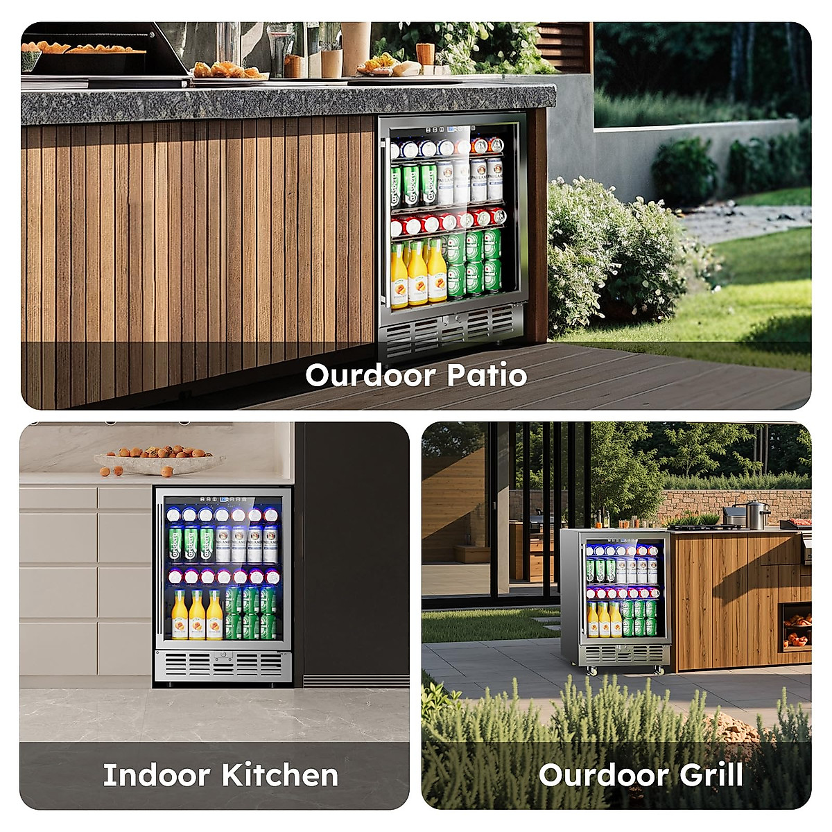 Outdoor Refrigerator, Stainless Outdoor Fridge for Outdoor Kitchen and Patio, Built-in/Freestanding 24 Inch Undercounter Refrigerators with Wheels, 190 Cans Outdoor Beverage Refrigerator Lockable