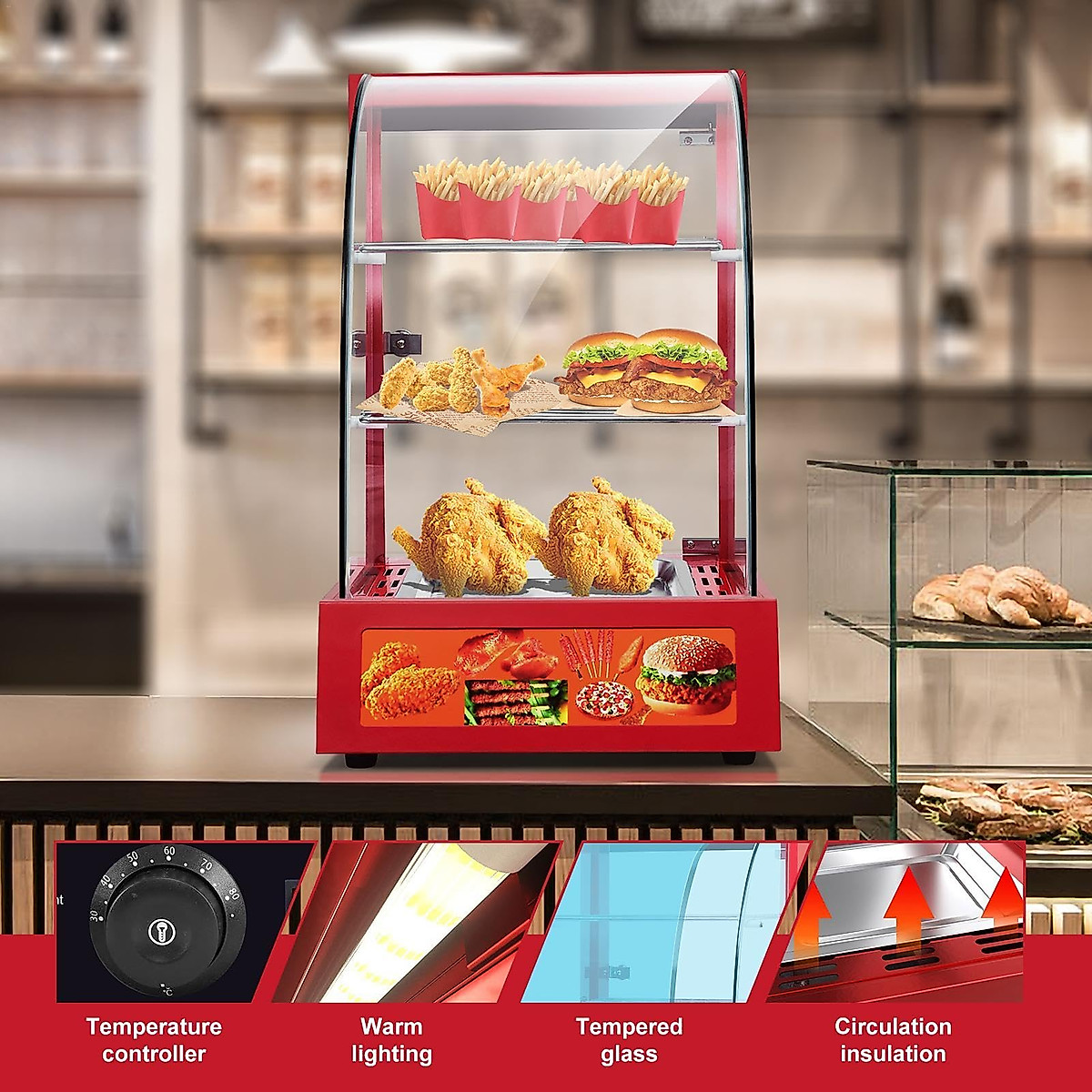 Food Warmer Display, 500w Commercial Food Warmer Display Pizza Warmer, 3-Tier Electric Countertop Food Warmer Stainless Steel Charcuterie Hot Warming Display, for Pizza, Pastries, Pies, Bread