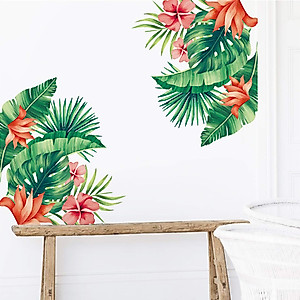 MOLANCIA Tropical Hibiscus Flower Wall Decals,Nature Palm Tree Leaf Plants Wall Sticker Art Murals,Removable Green Tropical Plants Tree Leaves Stickers for Living Room Kids Nursery Room Wall Art Decor