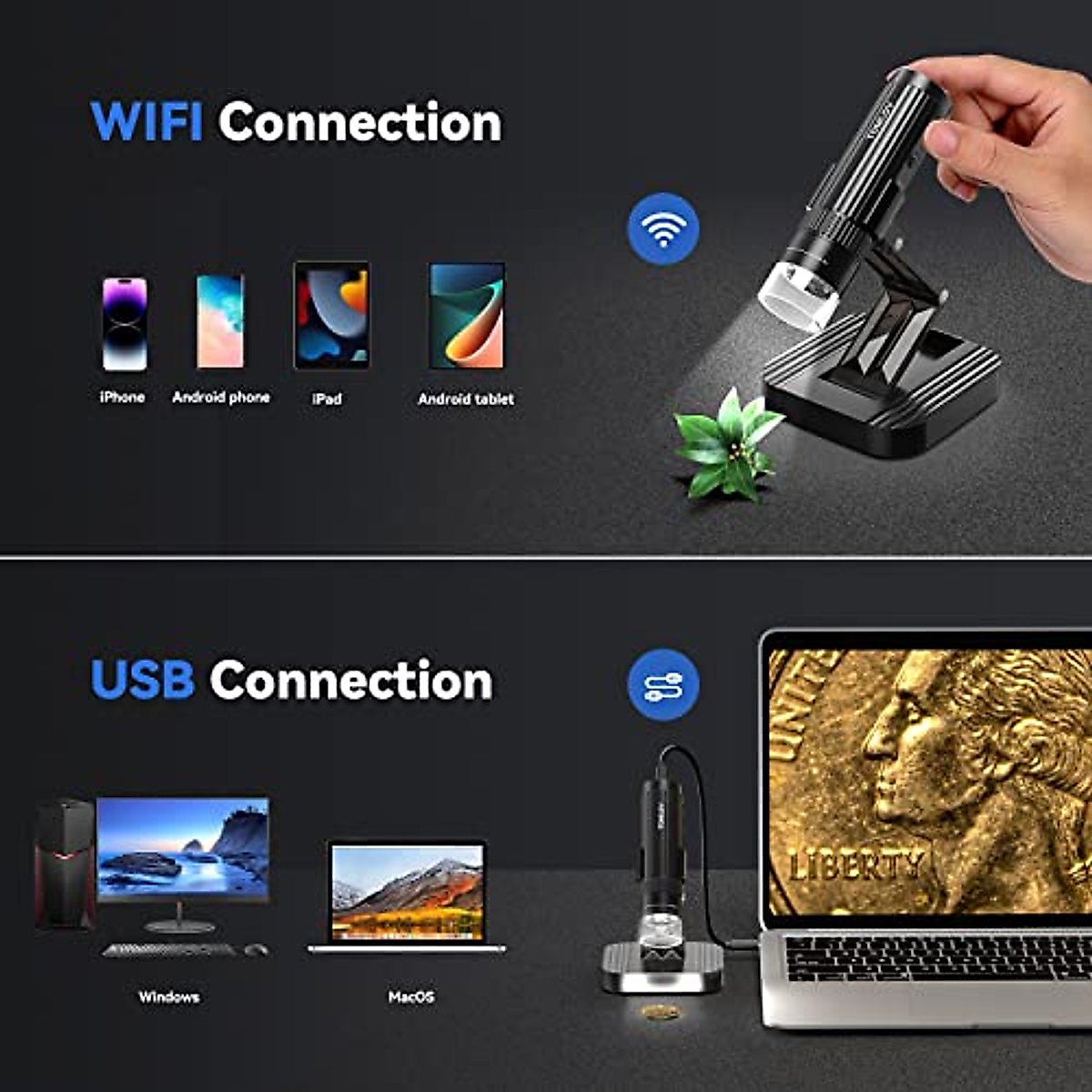 TOMLOV DM1S Wireless Digital Microscope [Easy and Fun] 50X-1000X 1080P HD WiFi Portable Handheld USB Trichome Mini Coin Microscope Camera Magnifier with Stand for iPhone iPad Android Phone & PC