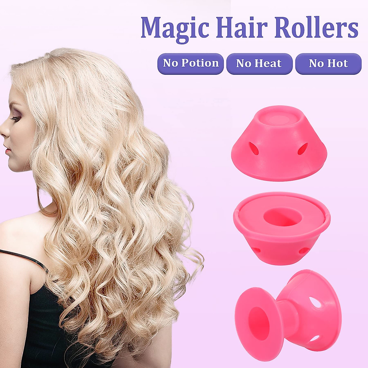 36 Pcs Magic Hair Rollers Heatless Silicone Hair Curlers 0.79 inch Self Grip DIY Hair Styles for Long Medium Short Hair Women Girls with 1 Net Cap 1 Zipper Bag 100 Rubber Bands Pink