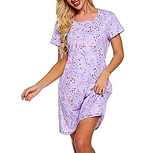 ENJOYNIGHT Sleepwear Women's Nightgown Printed Sleep Shirt Short Sleeve Sleep Tee Cotton Nightshirt (Purple,1X-2X)