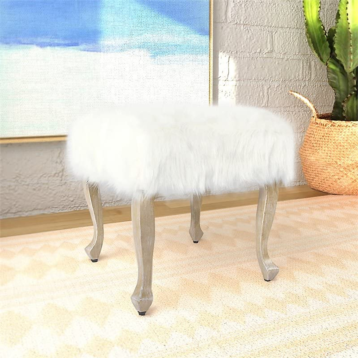 HomePop Faux Fur Square Stool with Wood Legs, White