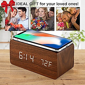 OCT17 Alarm Clock with Qi Wireless Charging Pad Compatible with iPhone Samsung Wood LED Digital Clock Sound Control Function, Time Date, Temperature Display for Bedroom Office Home- Brown