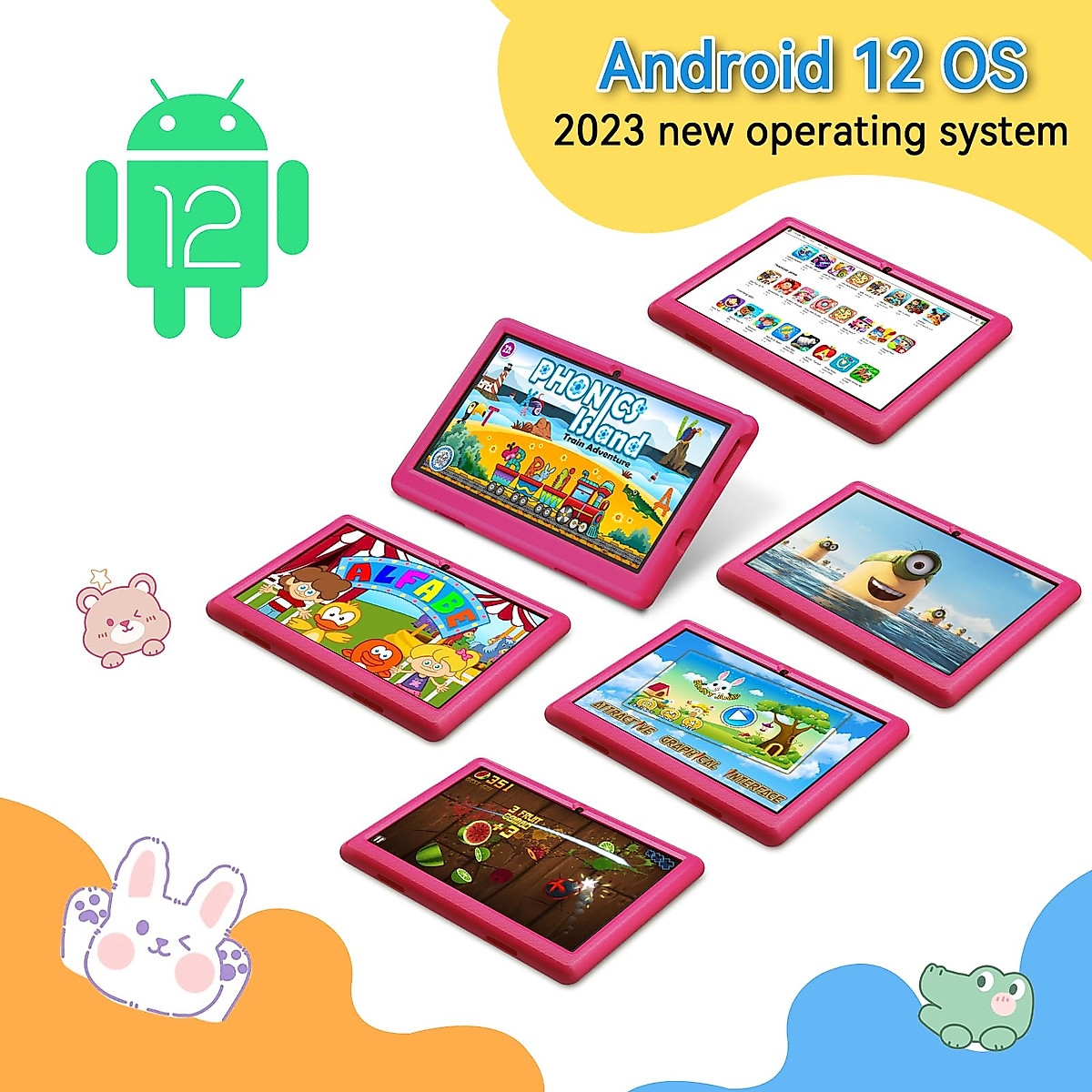 Freeski 10-inch Kids Tablet with Android 12, HD IPS Display Tablet for Kids, 2GB RAM, 32GB ROM, Quad-Core Processor, Kidoz Pre Installed, Parental Control, Kid-Proof Case (Pink)