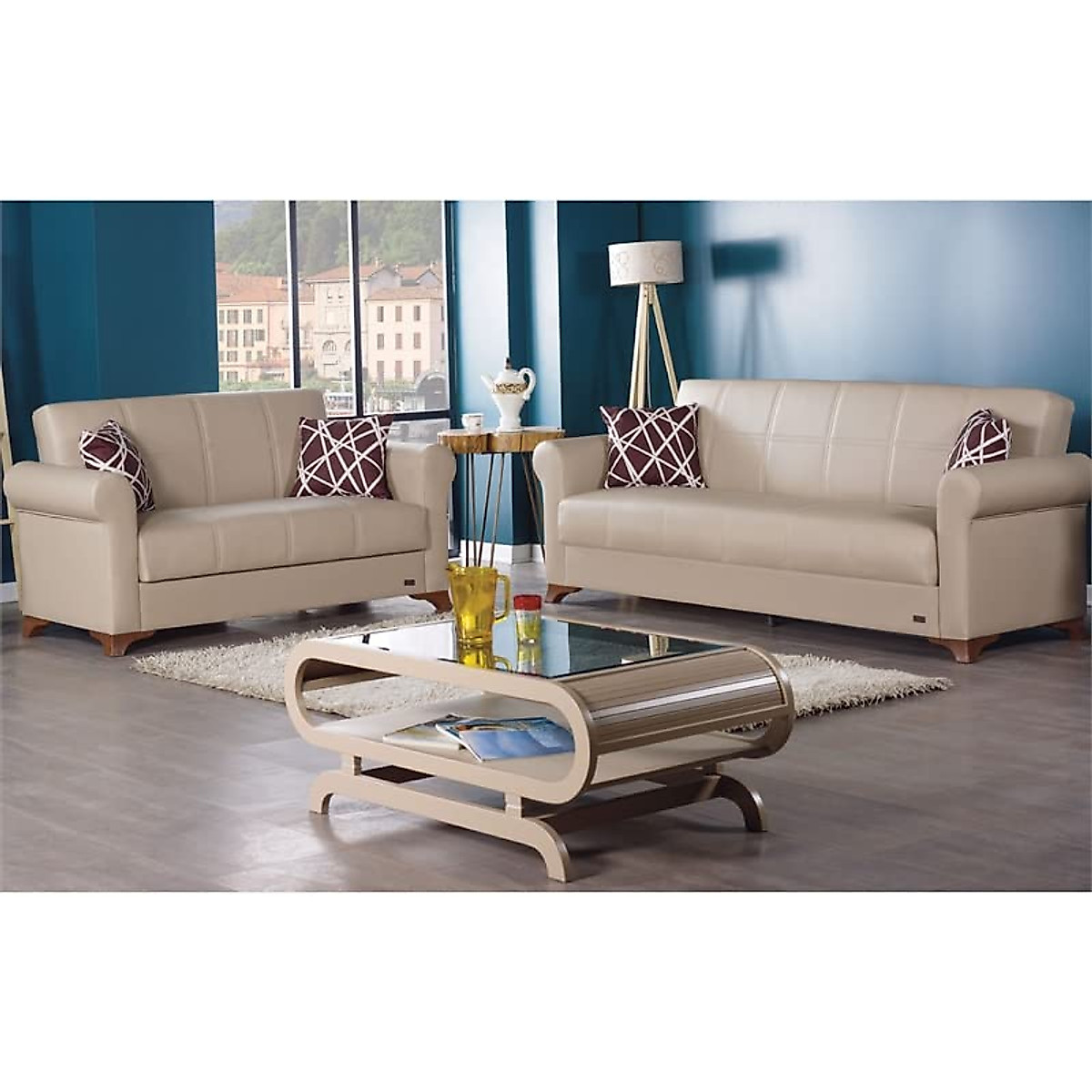 BEYAN Yonkers 2016 Collection Modern Convertible Bonded Leather Loveseat with Easy Access Storage Space, Includes 2 Pillows, Beige