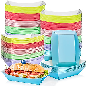 MotBach 120 Pack 2LB Colorful Paper Food Boat Trays Disposable Paper Boats, Food Boats Colored Paper Food Serving Boat Tray Basket for Snacks Popcorns Sandwich Burgers BBQ Hot Dogs Tacos Fries Nachos