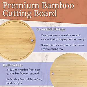 BambooMN Bamboo Round Cutting and Serving Board, Charcuterie Board - 15" diameter x 0.75" thickness - 1 Piece