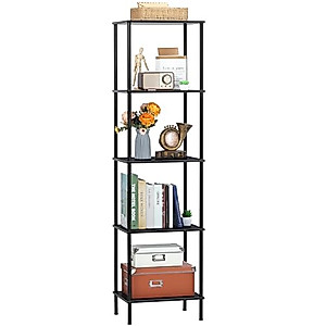 LING RUI 5 Tier Shelves Bookshelf, Tall Narrow Bookcase with Shelves,Wood and Metal Book Shelf Storage Organizer,Industrial Display Standing Shelf for Home Office, Living Room, Bed Room(Black)