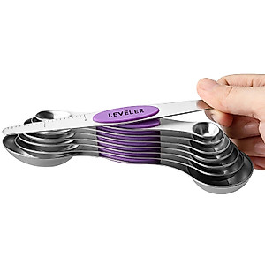 Spring Chef Stainless Steel Magnetic Measuring Spoons Set of 8 with Leveler, Nesting Metal Teaspoon & Tablespoon Measuring Spoons for Food, Heavy Duty Kitchen Gadgets for Baking & Cooking - Orchid