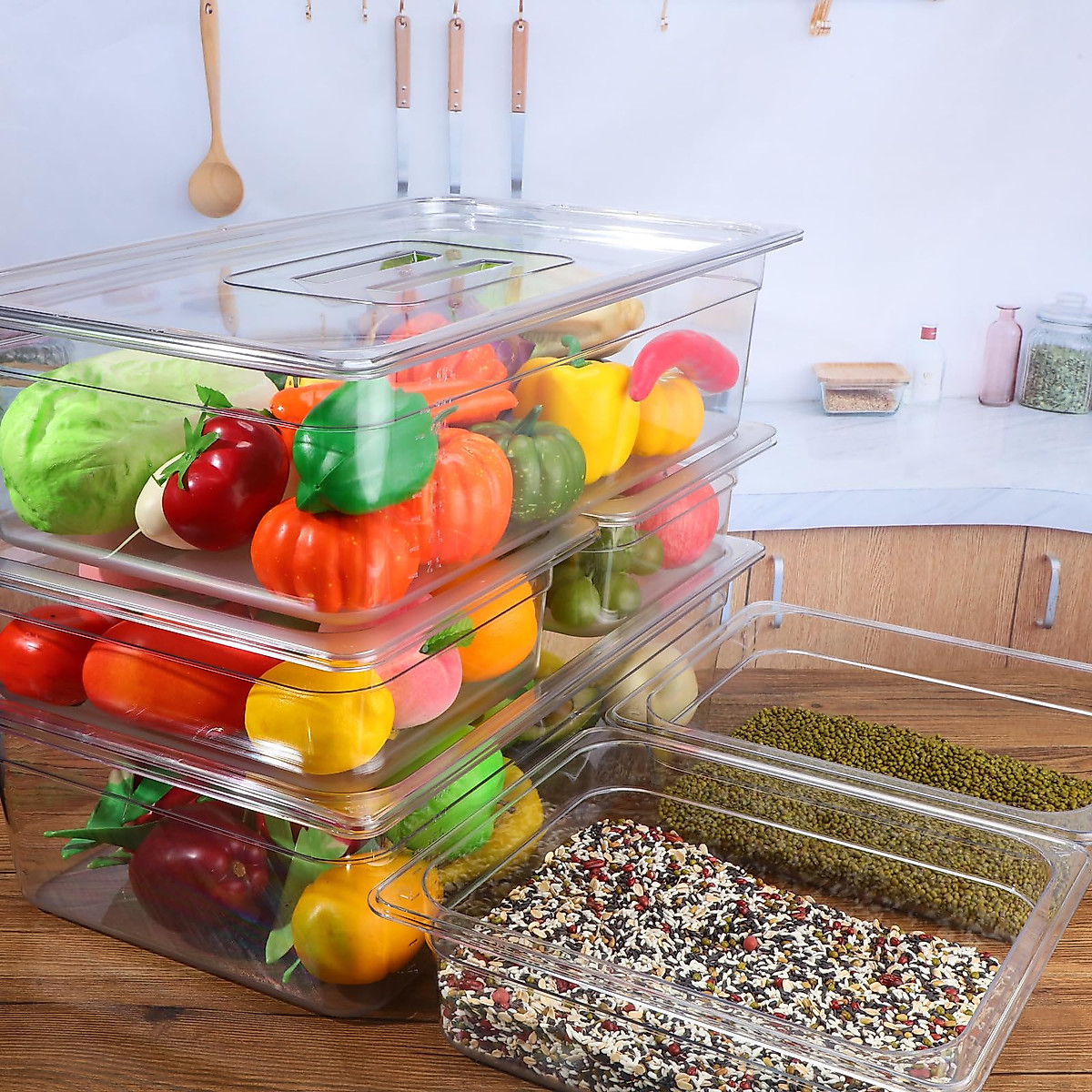 Mifoci 6 Pcs Commercial Plastic Food Pans with Lids Clear Food Pans Included 2 Pcs Full Size 6 Inch Deep Hotel Pan 4 Pcs 1/2 Size 4 Inch Freezer Food Storage for Storage Kitchen Restaurant