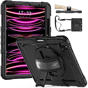 CASZONE Case for iPad Pro 12.9 Case 2022/2021/2020,iPad Pro 12.9 6th/5th/4th Generation Case with Pencil Holder Charger,360ｰRotating Stand,Screen Protector,Hand/Shoulder Strap,Heavy Duty