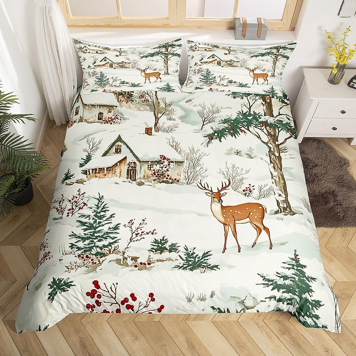 Feelyou Christmas Deer Elk Duvet Cover Set Merry Christmas Pine Tree Bedding Set Twin Size for Boys Girls Bedroom Bed Decor Winter Christmas Xmas Comforter Cover Xmas Quilt Cover for All Season