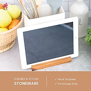 Rae Dunn Kitchen Utensil Organizer with Wooden Tray, Cute Organizer for Kitchen Countertop with Phone or Tablet Holder, Handcrafted Ceramic Utensil Holder, 2-Piece Set