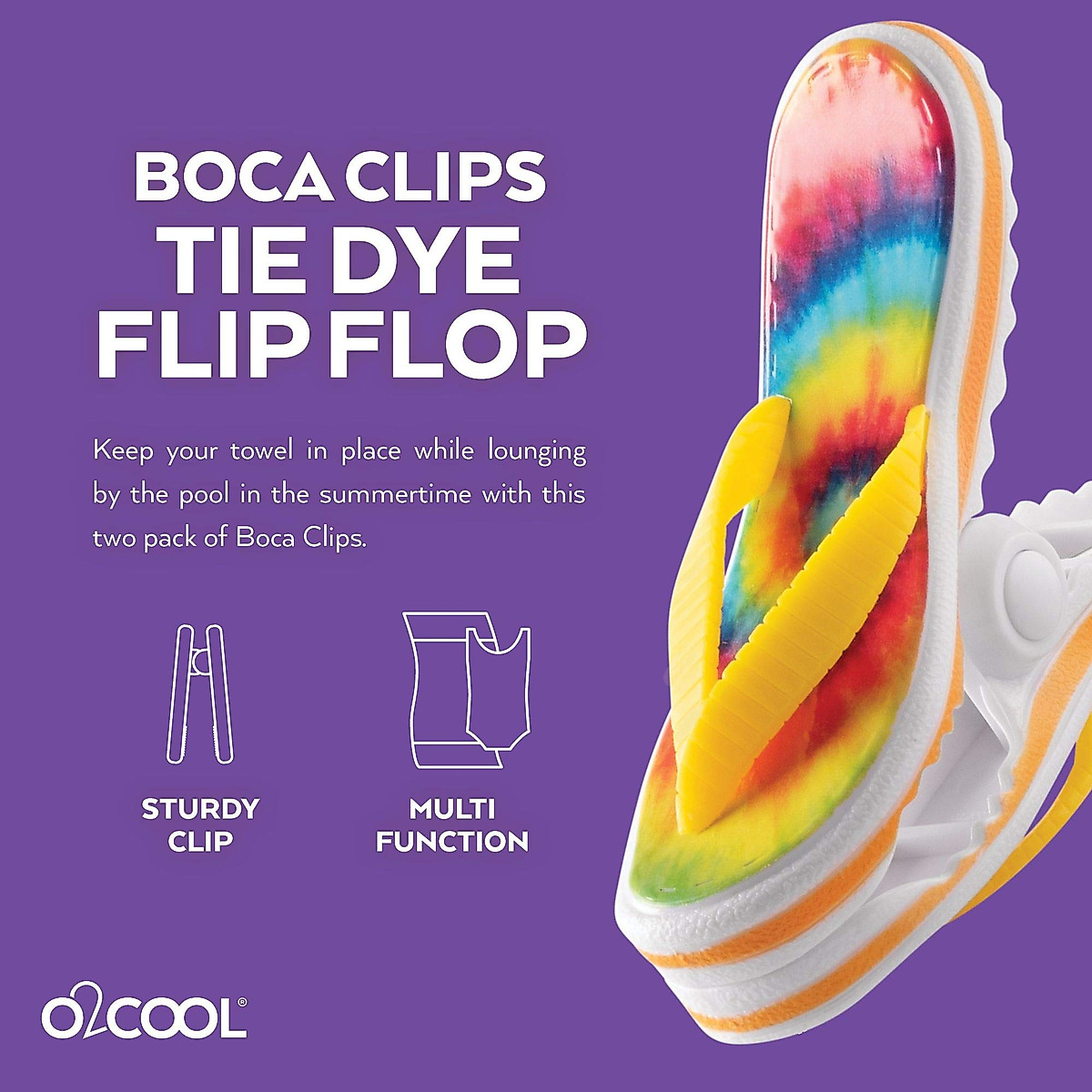 O2COOL Bocaclips - Beach Towel Clips for Beach Chairs, Patio and Pool Accessories - (Tie Dye Flip Flop) 2 Count