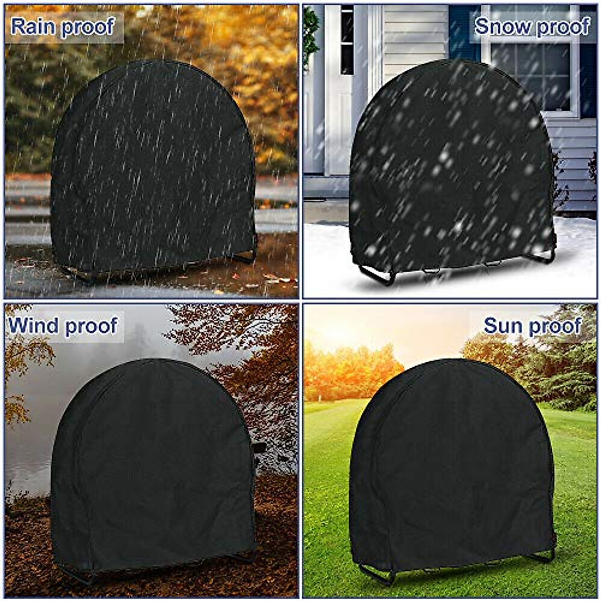 COOSOO Log Rack Hoop Cover Round Outdoor Heavy Duty Waterproof Log Hoop Cover Fire Wood Dry Stand Protection All Weather With Windproof Elastic Band for Garden Lawn Black