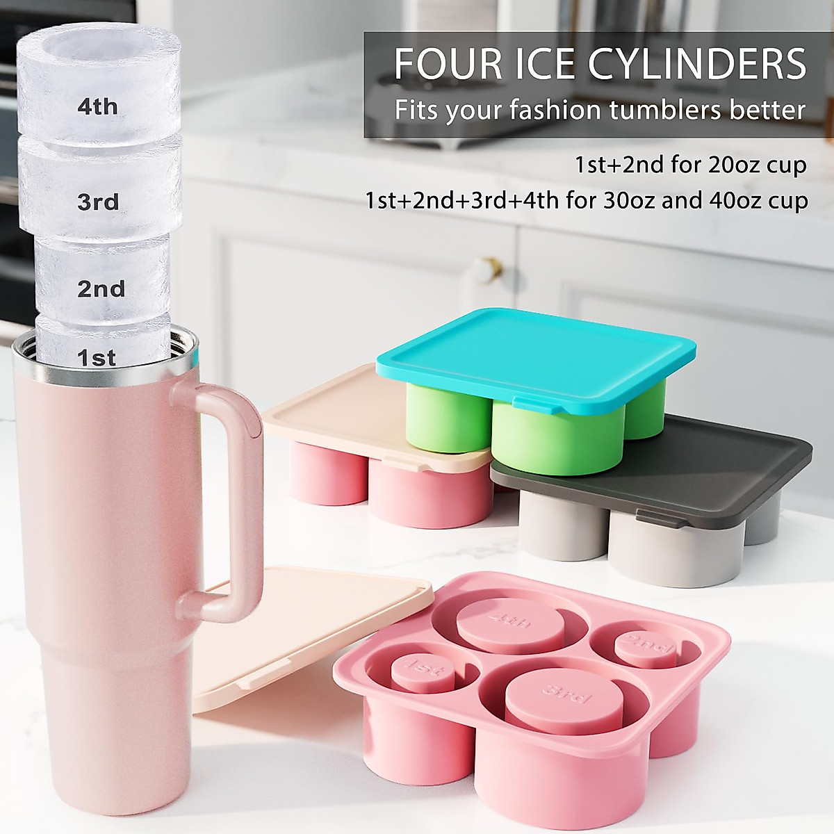 Ice Cube Tray for Stanley Cup,Reusable Ice Cube Trays with Lid for 20oz 30oz 40oz Tumbler,4 Hollow Silicone Cylinder Ice Mold for Ice Drink, Juice, Whiskey, Cocktail