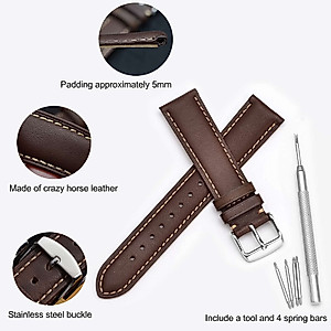 WOCCI 20mm Vintage Leather Watch Band for Men and Women, Silver Buckle (Dark Brown/Contrasting Stitch)