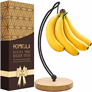HOMKULA Banana Holder Stand - Fruit Bowl, Modern Banana Hanger, Banana Tree Hanger with Bold Stainless Steel & Thickened Wood Base, Banana Rack for Kitchen Counter (Black V1)