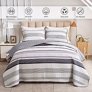 Flysheep Grey Boho Quilt Set Full Queen Size, 3 Pcs Gray Black and Navy Striped Bedspread, Soft Microfiber Modern Coverlet for All Season - 1 Quilt and 2 Pillow Shams