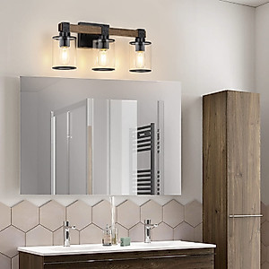 Elegant Wood Bathroom Vanity Light Over Mirror, 3 Lights Farmhouse Lights Fixtures, Rustic Wall Vanity Lighting Fixtures with Clear Glass Shade for Living Room, Bedroom, Hallway